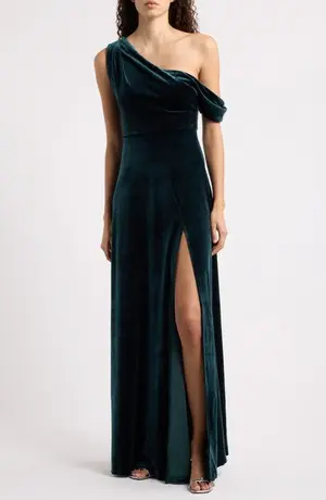 Lulus Anya Draped One-shoulder Velvet Gown - Emerald