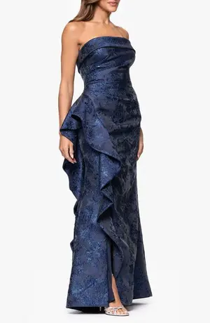 XSCAPE EVENINGS Strapless Ruffle Brocade Gown