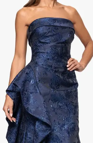 XSCAPE EVENINGS Strapless Ruffle Brocade Gown