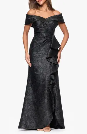XSCAPE EVENINGS Brocade Off-the-shoulder Gown With Ruffle Detail