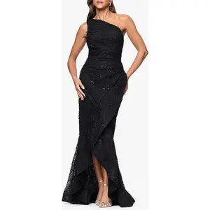 XSCAPE EVENINGS Sequin Embroidery One-shoulder High-low Gown