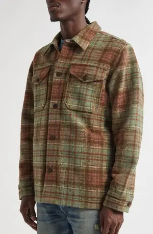 Double Rl Plaid Felted Wool Blend Button-up Shirt Jacket