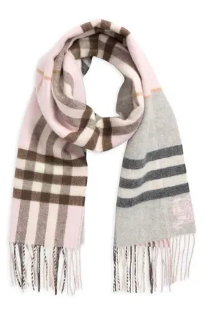 Burberry Jacquard Check Double Face Cashmere Fringe Scarf - Bow Pink/mitten Grey