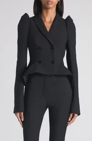 Alexander McQueen Pleated Puff Shoulder Wool Crop Jacket