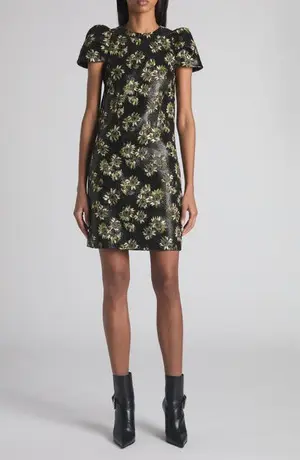 Alexander McQueen Sunflower Jacquard Mini Shift Dress With Puff Sleeves