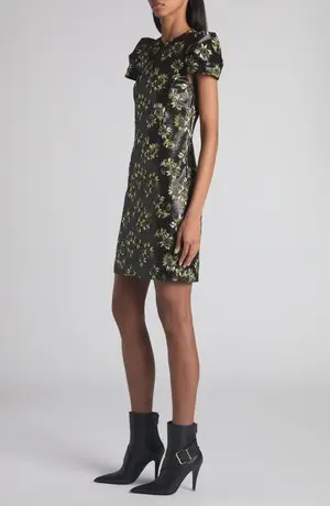 Alexander McQueen Sunflower Jacquard Mini Shift Dress With Puff Sleeves