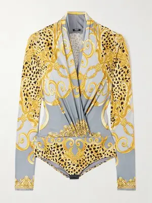 Versace Draped Printed Satin-jersey Bodysuit