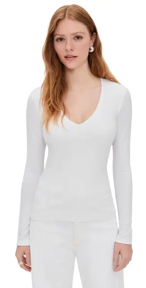 JAMES PERSE Stretch Rib Double Front Deep V Tee - White