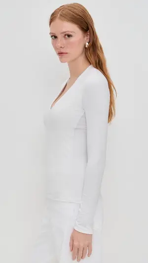 JAMES PERSE Stretch Rib Double Front Deep V Tee - White