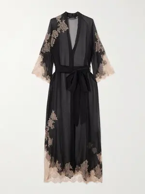 Carine Gilson Lace-trimmed Silk-chiffon Robe - Black