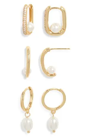 Nordstrom Set Of 3 Assorted Freshwater Pearl Huggie Hoop Earrings - 14k Gold Plated