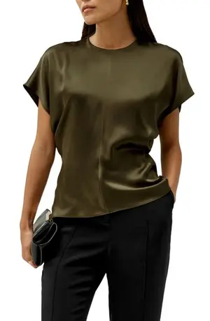 Lilysilk Short Batwing Sleeve Silk Contour Top - Pine