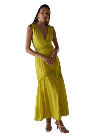 WAREHOUSE Chiffon Fringe Trim Cut-out Maxi Dress - Chartreuse