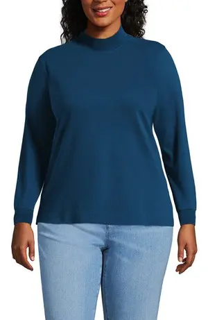 LANDS' END Relaxed Cotton Long Sleeve Mock Turtleneck Baltic Teal