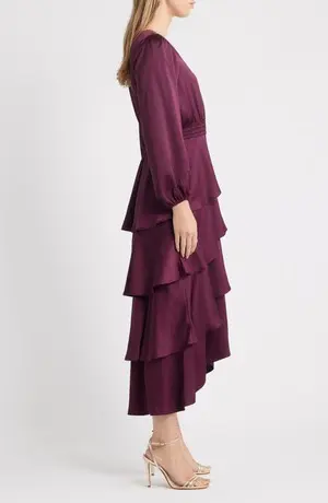 Anne Klein Long Sleeve Tiered High-low Satin Dress - Dark Chianti