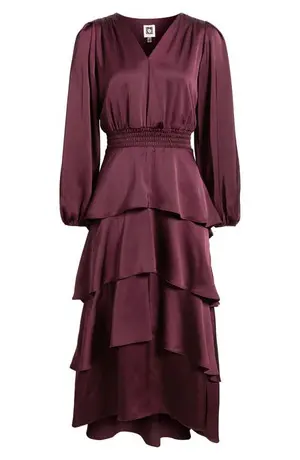 Anne Klein Long Sleeve Tiered High-low Satin Dress - Dark Chianti