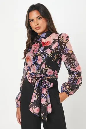 Coast Floral Print Blouson Sleeve Pintuck Wide Leg Jumpsuit