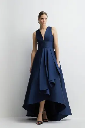 Coast Petite Plunge Waterfall Twill Dress - Navy