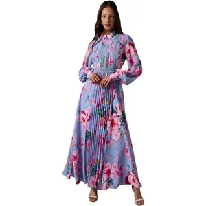 Coast Floral Print Pleated Midi Dress With Lace Trim - Blue