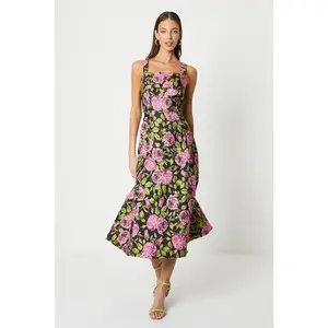 Coast Wide Strap Jacquard Floral Midi Dress