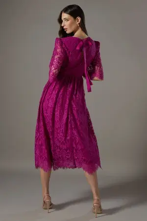 Coast Lace Short Sleeve Midi Dress - Magenta