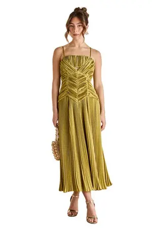 Coast Pleated Peplum Strappy Satin Dress - Olive