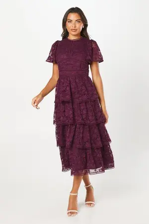 Coast Flutter Sleeve Tiered Lace Dress - Plum