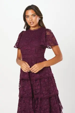 Coast Flutter Sleeve Tiered Lace Dress - Plum