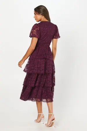 Coast Flutter Sleeve Tiered Lace Dress - Plum