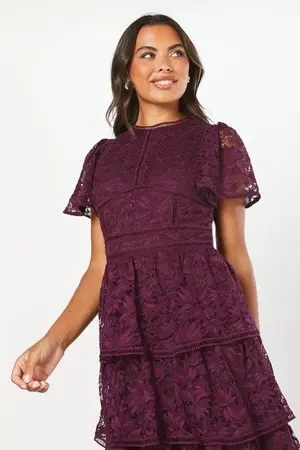 Coast Flutter Sleeve Tiered Lace Dress - Plum