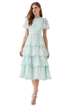 Coast Flutter Sleeve Tiered Lace Dress - Sage