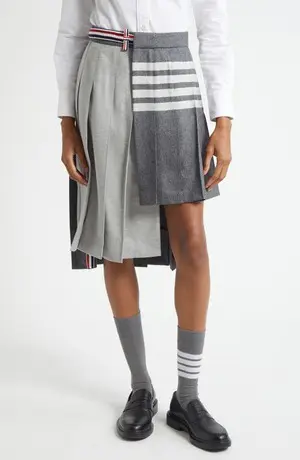 Thom Browne Pleated Asymmetric Mixed Media Wrap Skirt - Medium Grey