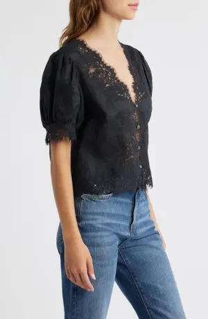 DÔEN Idella Lace-trim Ramie Top - Black