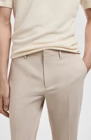 Mango Slim Fit Flat Front Trousers - Beige