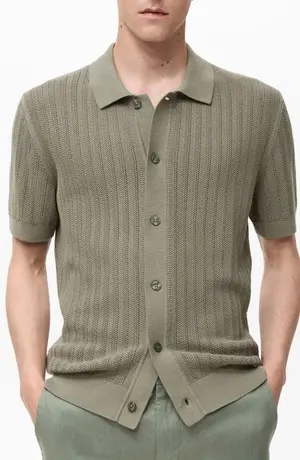Mango Textured Short Sleeve Knit Button-up Shirt