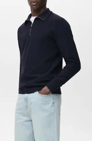 Mango Half-zip Piqué Sweater - Navy