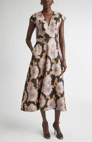 St. John Vida Poppy Floral Jacquard A-line Dress