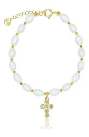LA MENO Freshwater Pearl & Cross Bracelet - White /gold