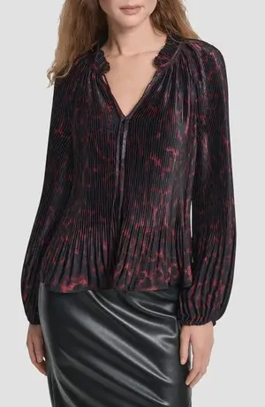 Dkny Printed Pleated Top - Merlot Cheetah