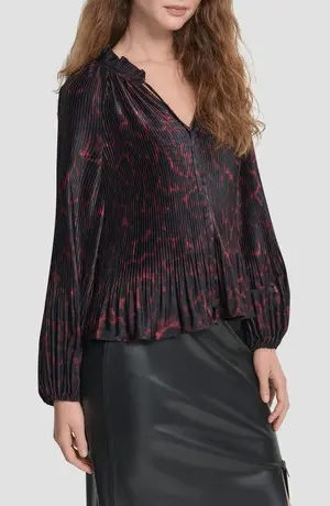 Dkny Printed Pleated Top - Merlot Cheetah