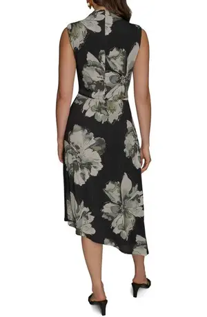 Donna Karan New York Floral Side Ruched Asymmetric Hem Dress