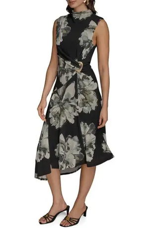 Donna Karan New York Floral Side Ruched Asymmetric Hem Dress
