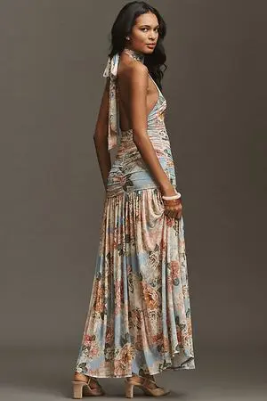 AFRM Cromwell Halter Ruched Mesh Maxi Dress