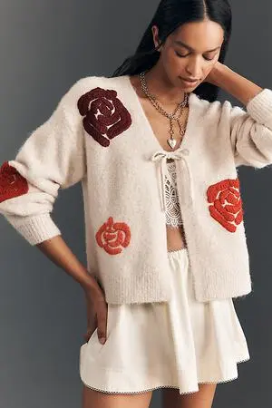 FLAT WHITE Flower Embroidered Cardigan Sweater - Neutral/pink