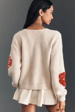 FLAT WHITE Flower Embroidered Cardigan Sweater - Neutral/pink