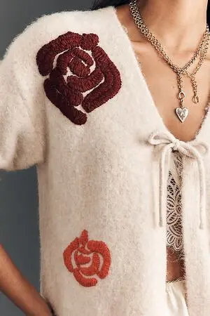 FLAT WHITE Flower Embroidered Cardigan Sweater - Neutral/pink