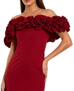 Mac Duggal Off-the-shoulder Gown With 3d Roses