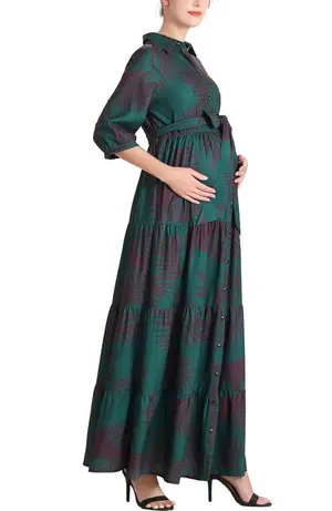 KIMI + KAI Button-front Maternity Nursing Maxi Shirtdress With Belt