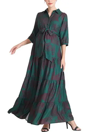 KIMI + KAI Button-front Maternity Nursing Maxi Shirtdress With Belt