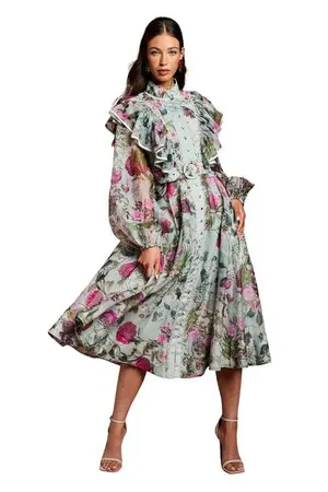 Coast Long Sleeve Printed Organza Shirt Dress - Sage